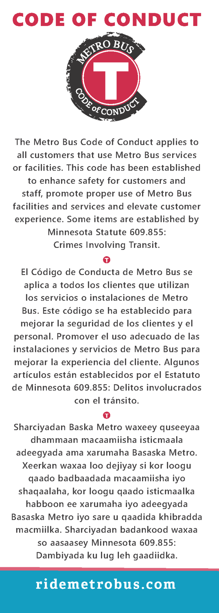 Updated Code of Conduct for customers | Metro Bus